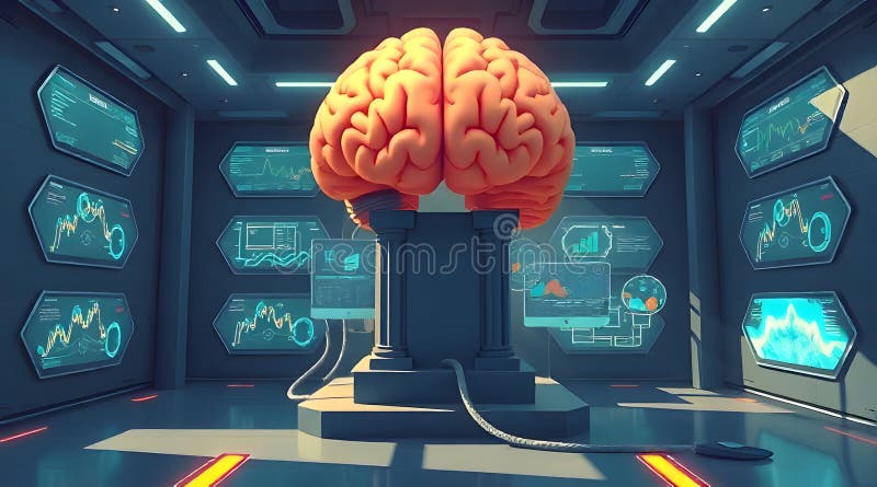 A Colossal Human Brain Connected To One or More Computers. Stock ...