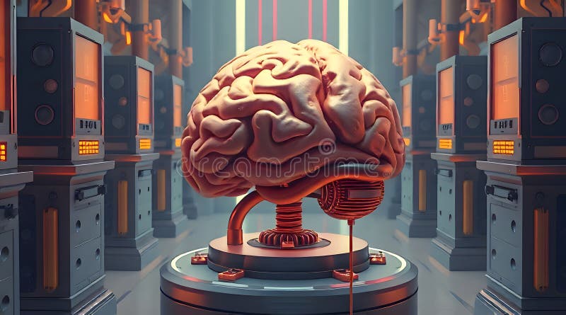 A Colossal Human Brain Connected To One or More Computers. Stock ...
