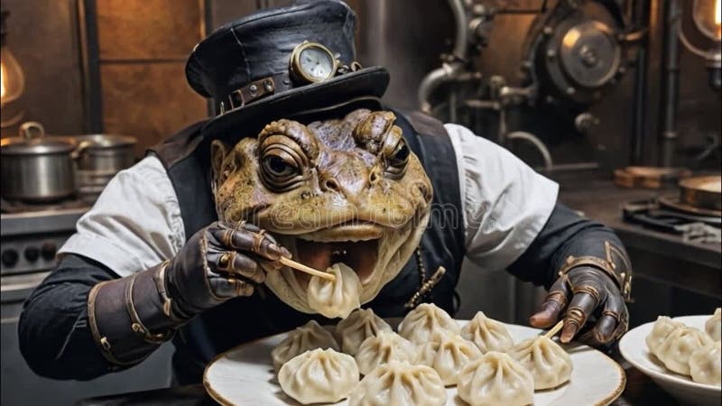 A Toad (frog) Eats Dumplings. Artificial Intelligence. Stock Footage ...