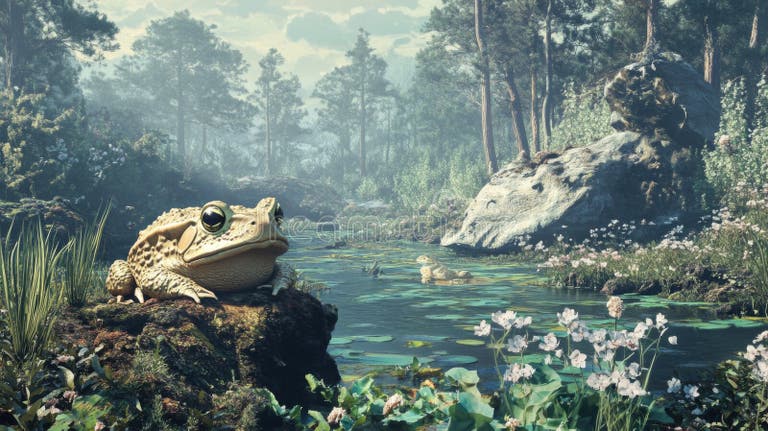 Toad by a Pond in a Misty Forest Stock Illustration - Illustration of ...