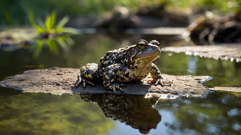 Toad Resting on a Sunlit Rock by a Pond, Reflecting Trees in the Water ...