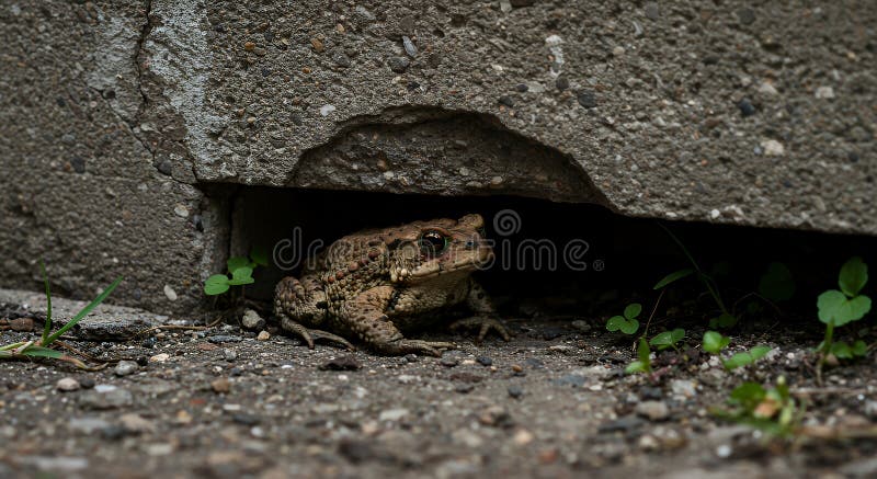 Toad Resting Under Concrete Ledge with Clover and Gravel Background ...