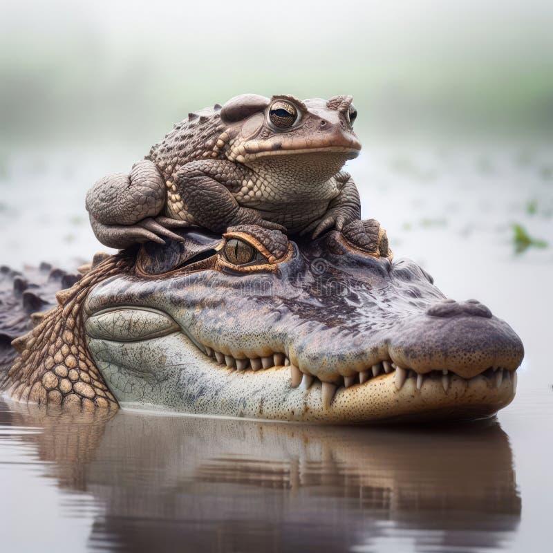 A Toad Sitting on the Head of a Crocodile. Stock Photo - Image of cute ...