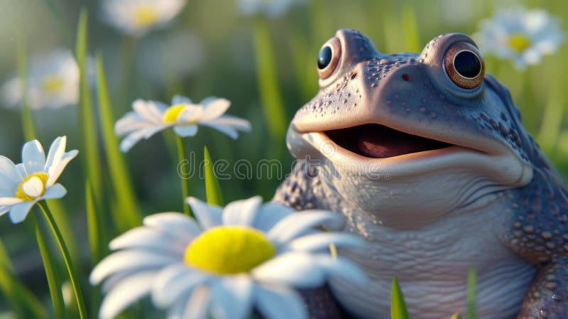 Toad Smiling among White Daisies Stock Image - Image of spring, green ...