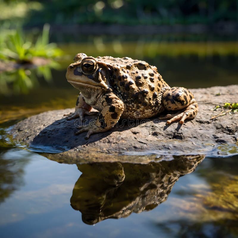 Toad on a Sun-Dappled Rock by a Pond with Tree Reflections Stock ...