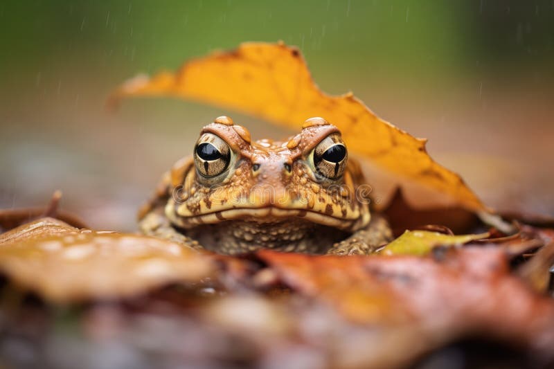 Toad under leaf in rain stock image. Image of generated - 301607021