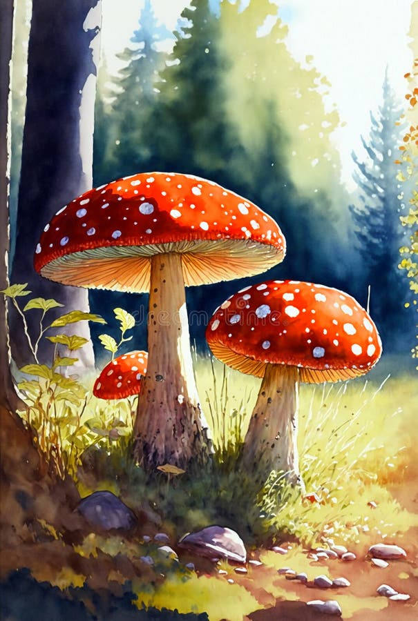 Toadstool Mushrooms in a Forest, Digital Watercolor Illustration Stock ...