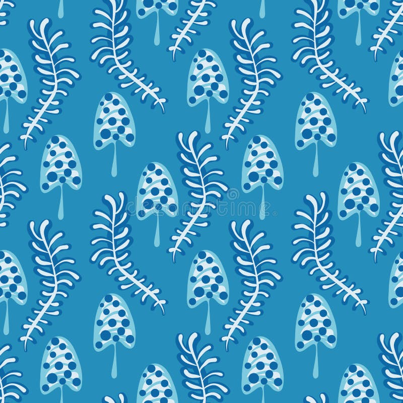 Toadstools and Ferns Seamless Vector Blue Pattern Stock Vector ...