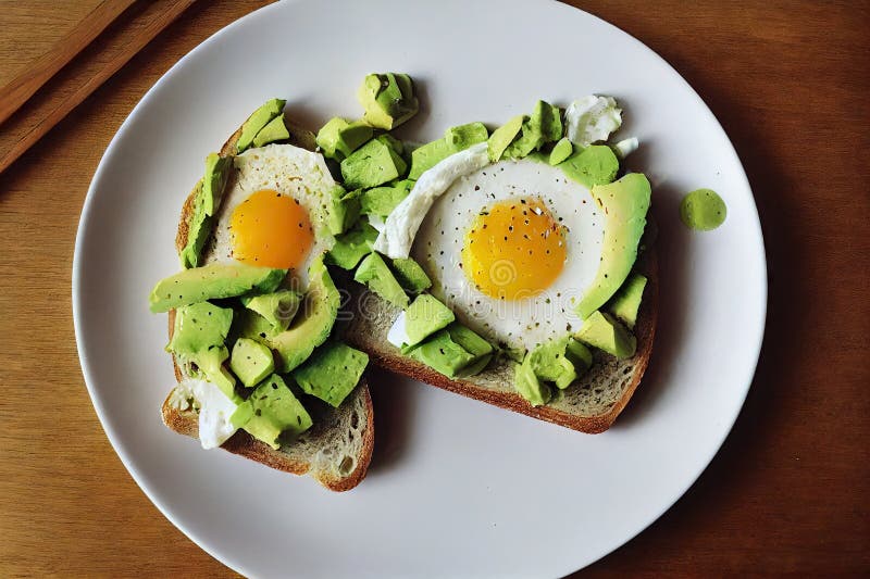 Toast with Avocado, Onion and Egg on Large Round Plate Stock ...