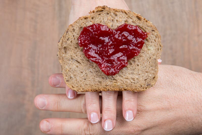 Toast Bread with Jam Shape of Hearts, Vintage Wooden Table. Stock Image ...