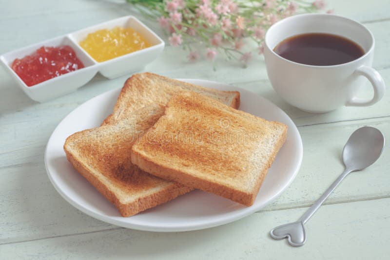Toast Bread on Plate with Jam and Coffee Cup Stock Photo - Image of ...