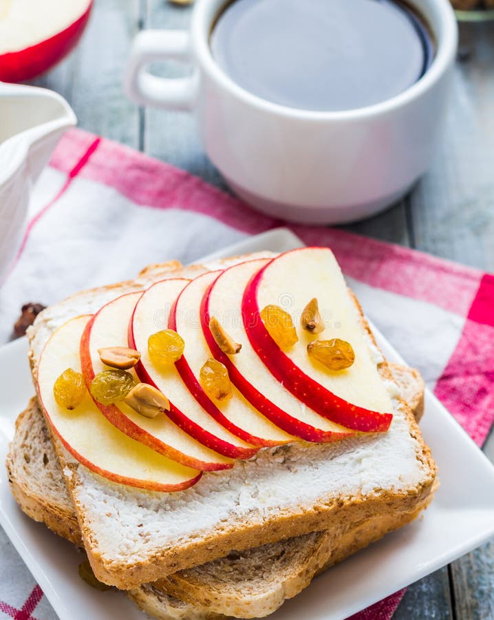 Toast with Cheese, Apple and Dried Fruit, Coffee, Breakfast Stock Image ...