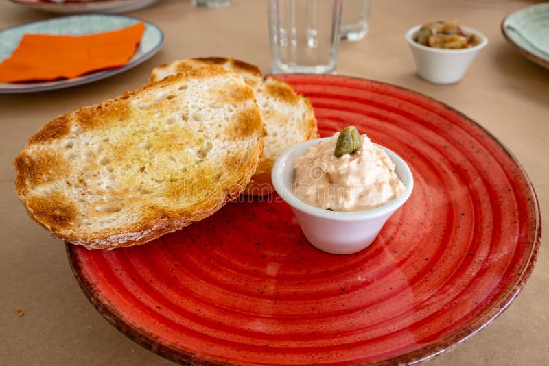 Toast with Cheese Sauce, Starter in a Greek Restaurant Stock Photo ...