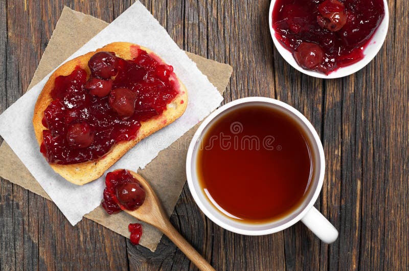 Toast with Cherry Jam and Tea Stock Image - Image of sweet, delicious ...