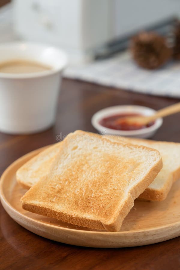 Toast with Coffee and Jam on Wood Table. Stock Image - Image of ...
