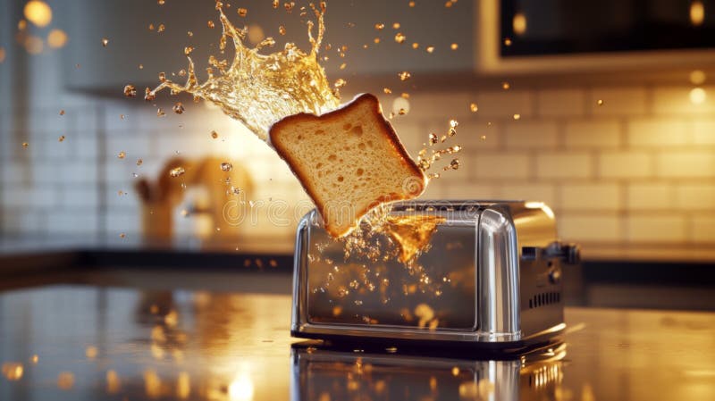 Toast and Coffee Splashing from Toaster in Dynamic Breakfast Scene ...