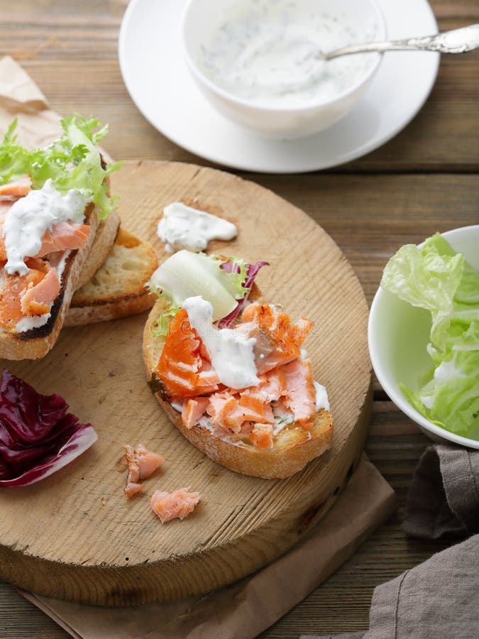 Toast with fish and sauce stock image. Image of country - 66158367