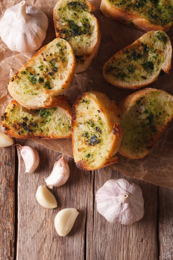 Toast with Fresh Herbs and Garlic Vertical Top View Closeup Stock Image ...