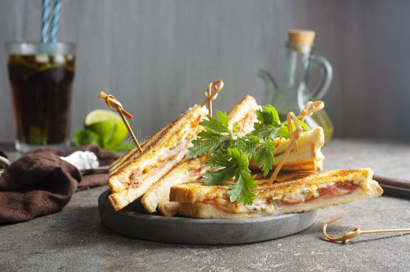 Toast with ham and cheese stock photo. Image of background - 255690024