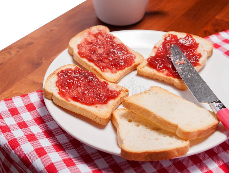 Toast with Jam and Cup of Coffee on Wooden Table Stock Photo - Image of ...