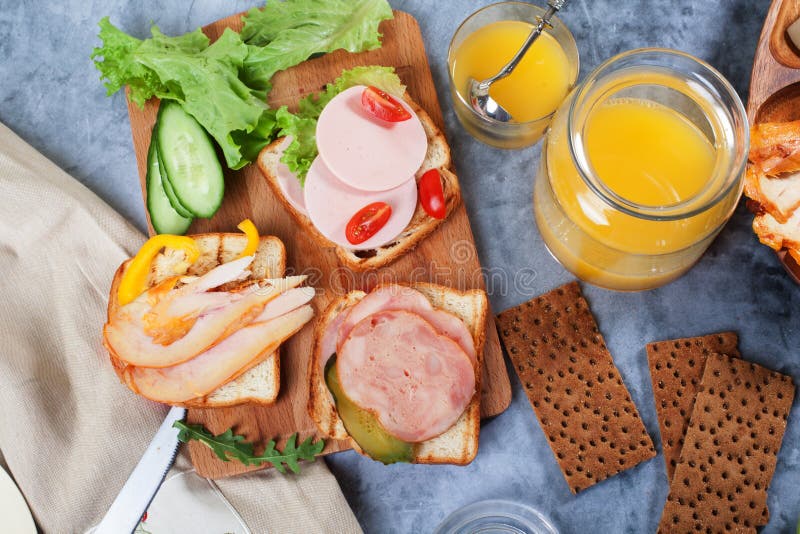 Toast with Meat, Chicken, Sausage from Above Different Kinds Bread ...