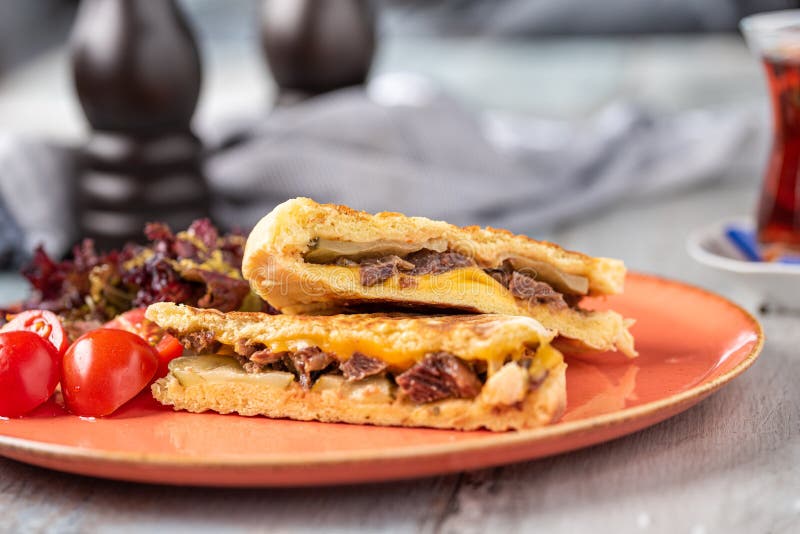 Turkish Toast with Roasted Meat or Turkish Kavurma Served with Turkish ...