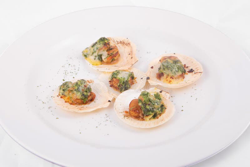 Toast Scallops with Cheese and Spinach Stock Photo - Image of green ...