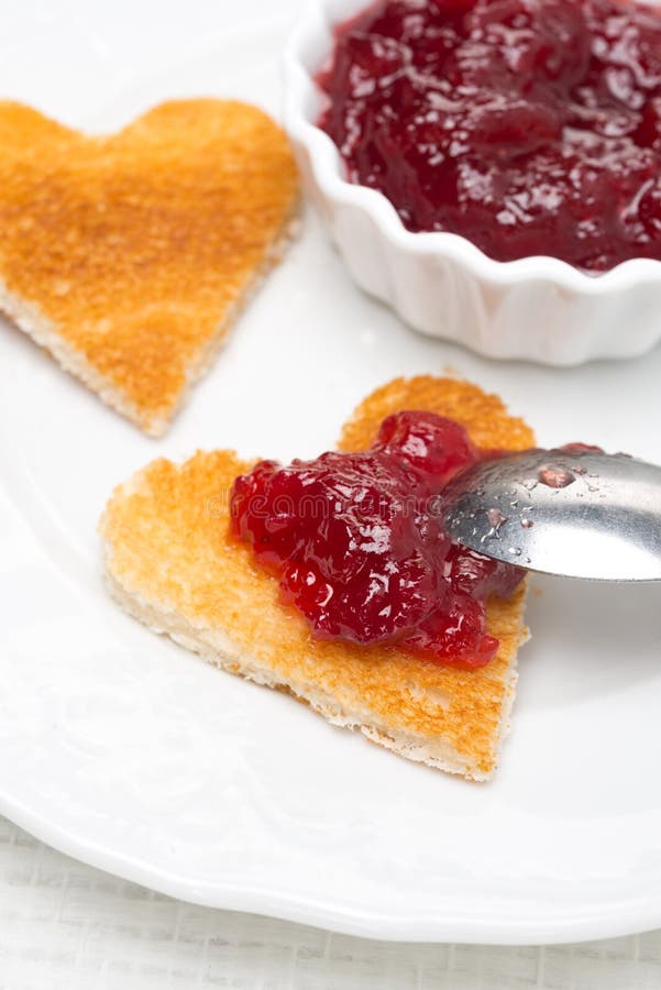 Toast in the Shape of Hearts and Berry Jam, Close-up Stock Photo ...
