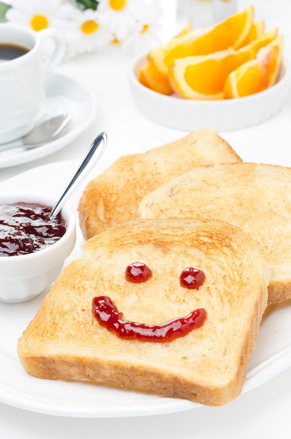 Breakfast with a Smiling Toast, Fresh Berries and Orange Juice Stock ...