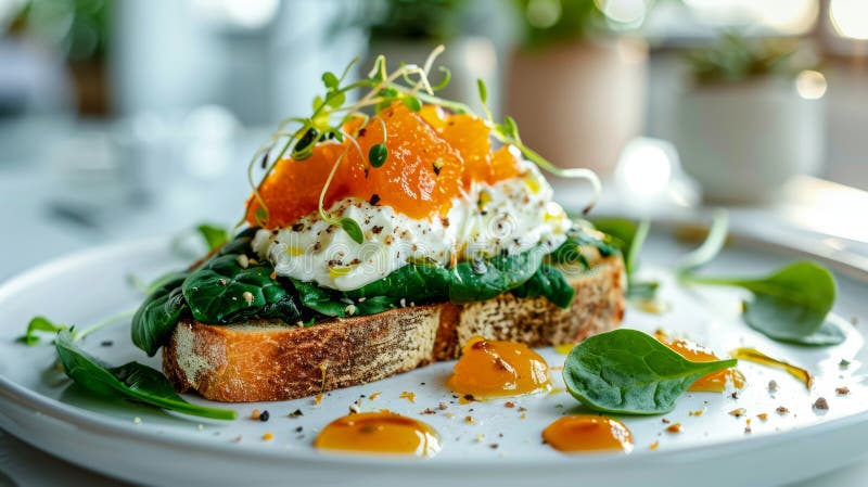 Toast with Spinach, Cheese and Orange Jam Close-up on the Plate on the ...