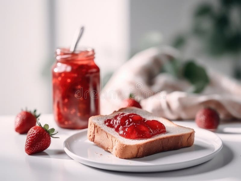 Toast With Strawberry Jam For Breakfast On White Table Generative Ai