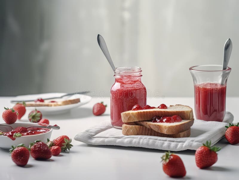 Toast with Strawberry Jam for Breakfast on White Table. Generative AI ...