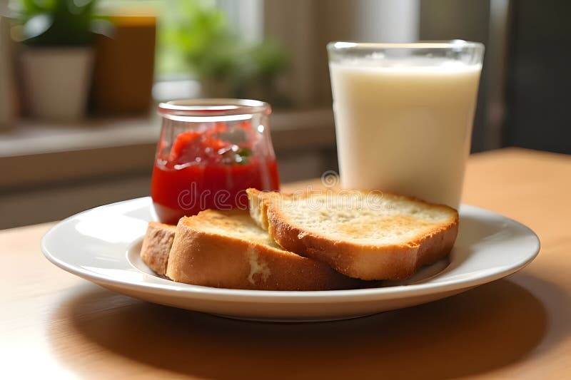 Toast with Strawberry Jam on a White Plate, Next To Milk for Breakfast ...