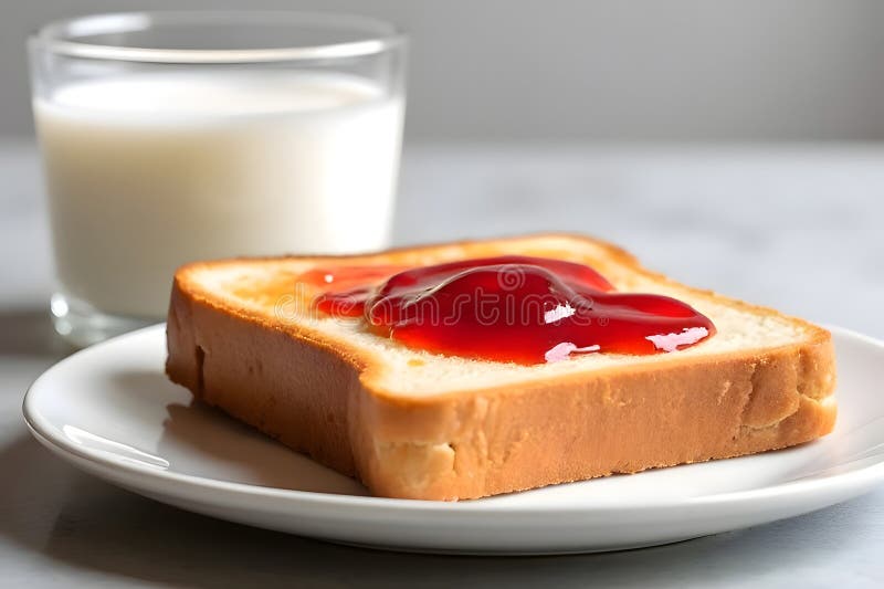 Toast with Strawberry Jam on a White Plate, Next To Milk for Breakfast ...