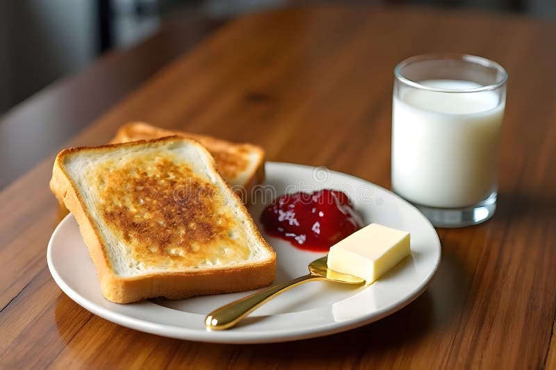 Toast with Strawberry Jam on a White Plate, Next To Milk for Breakfast ...