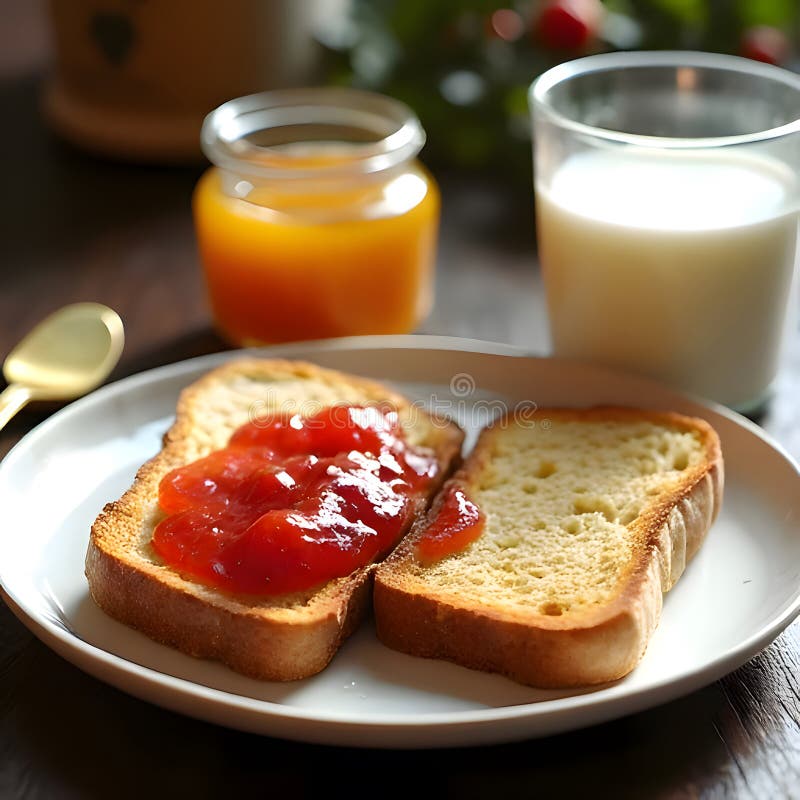Toast with Strawberry Jam on a White Plate, Next To Milk for Breakfast ...