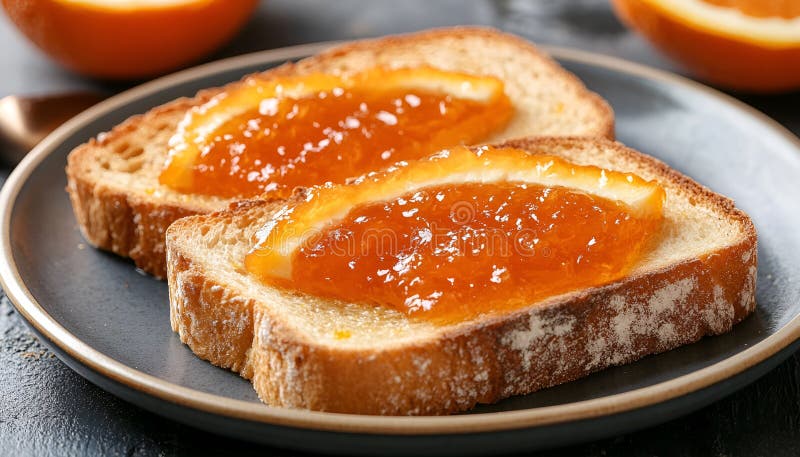 Toast with Tasty Orange Jam and Roasted Slice of Bread on Plate, Closeup Stock Photo - Image of ...
