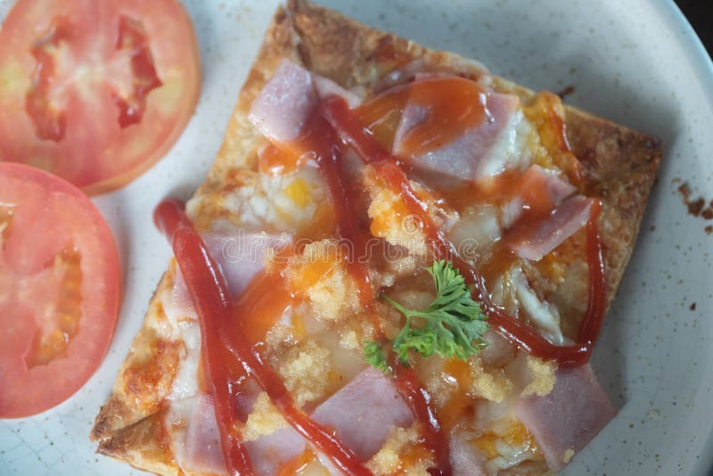 Toast Topping with Bacon and Chili Sauce, Ketchup Stock Image - Image ...