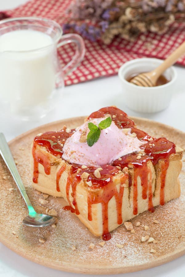 Toast Topping with Strawberry Jam and Ice Cream. Stock Image - Image of ...