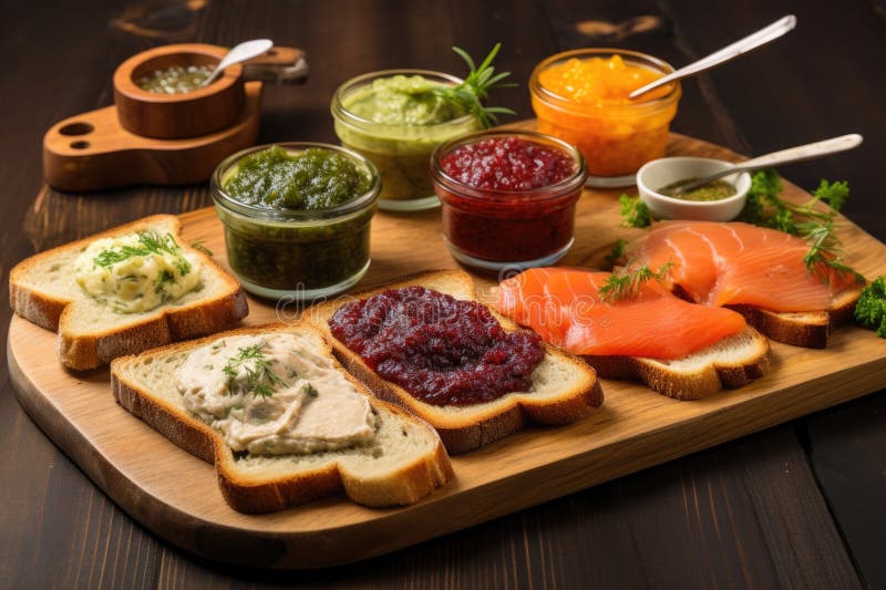 Toast with Various Spreads on Wooden Board Stock Photo - Image of ...