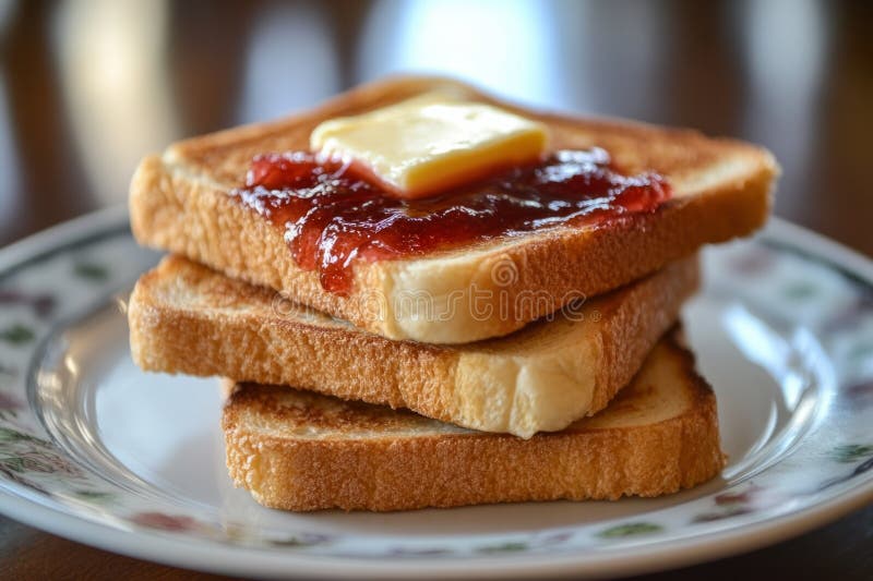Toasted Bread with Butter and Jam Creating Delicious Breakfast on Plate ...