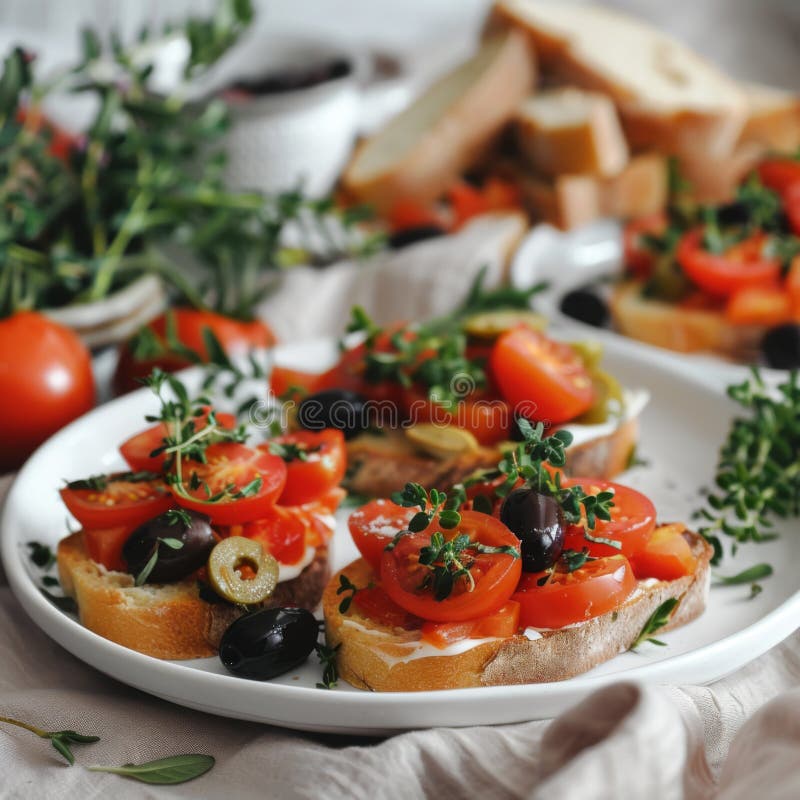 Toasted Bread with Cherry Tomatoes, Olives, and Thyme Stock Illustration - Illustration of ...