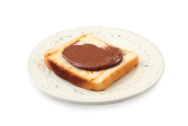 Toasted Bread with Chocolate Paste on Plate, Isolated on White Stock ...