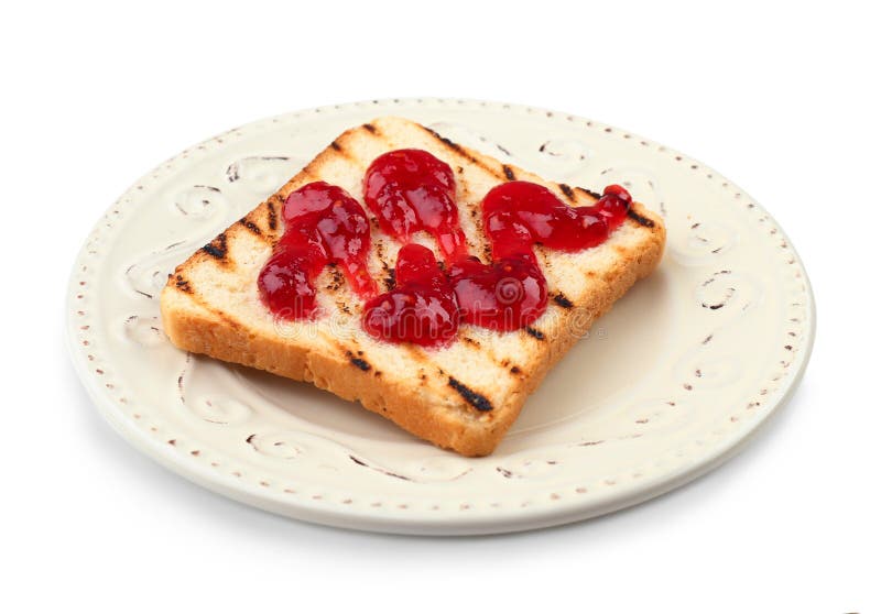 Toasted Bread with Jam on Plate, Isolated on White Stock Image - Image ...