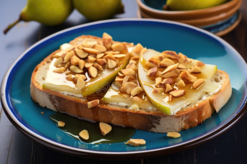 Toasted Bread with Pear Toppings on a Blue Dish Stock Photo - Image of ...