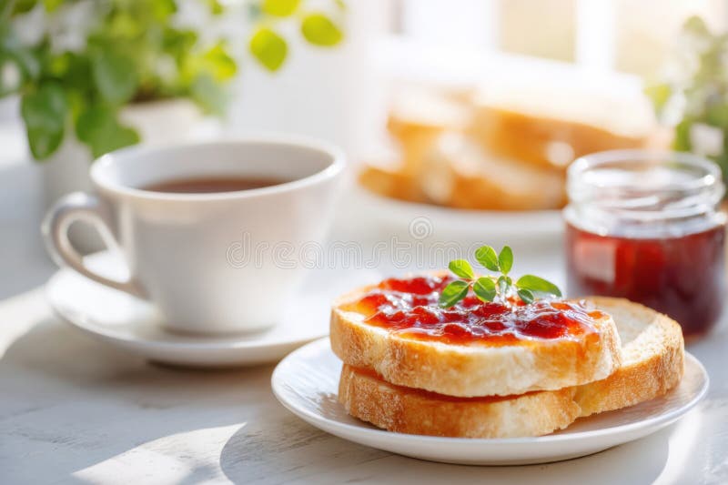 Freshly Toasted Bread Topped with Vibrant Red Jam, Accompanied by a Cup ...
