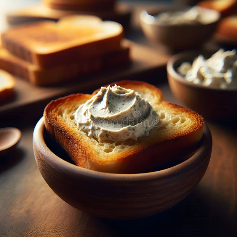 Toasted Bread Slice with a Creamy Spread in a Small Wooden Bowl Stock ...