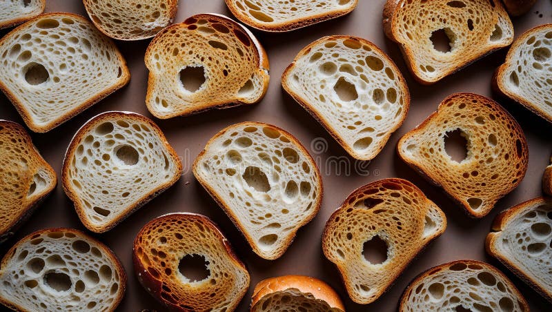 Toasted Bread Slices Arranged on Brown Surface, Creating Visually ...
