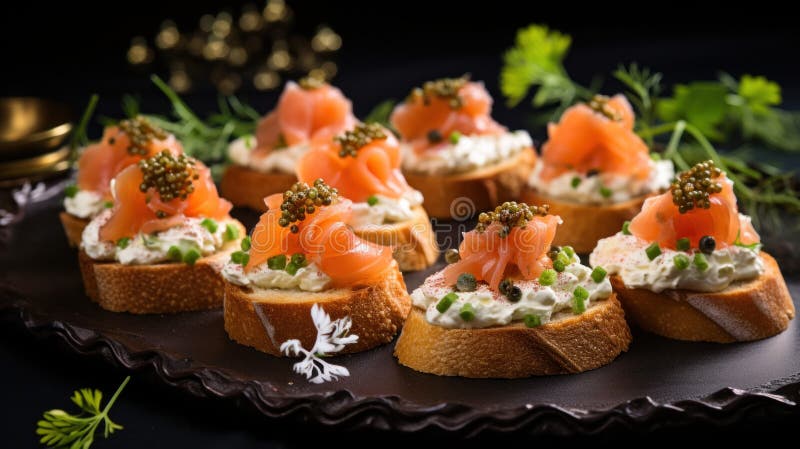 Toasted Brioche Appetizers with Salmon and Cream Cheese Garnish Stock ...