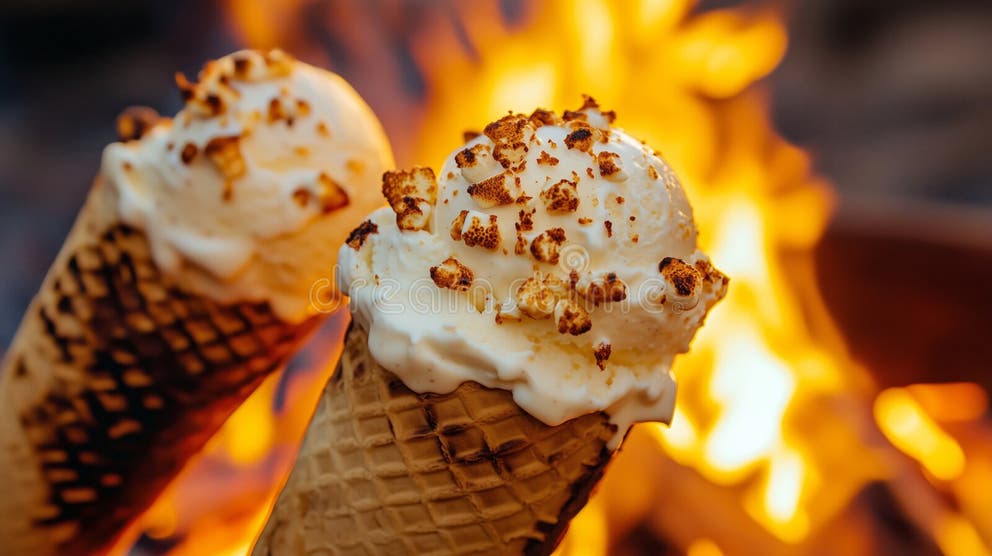 Toasted Marshmallow Ice Cream Over Campfire Stock Image - Image of ...